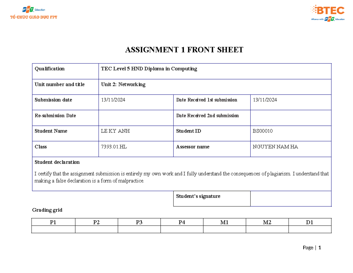 Networking ASM1 - ASSIGNMENT 1 FRONT SHEET Qualification TEC Level 5 HND Diploma in Computing ...