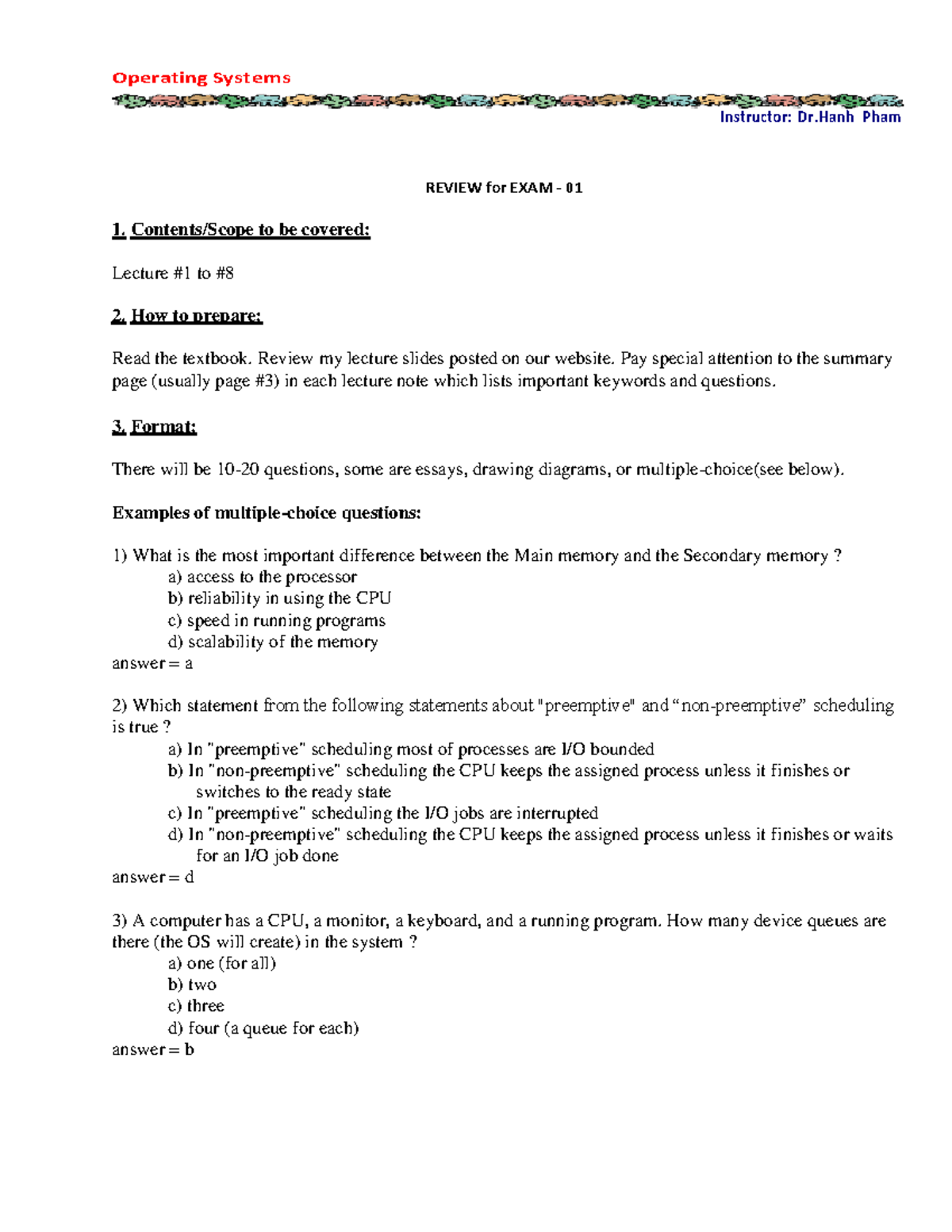 Os-ln-e1 - Os-ln-e1 - Operating Systems Instructor: Dr Pham REVIEW for ...