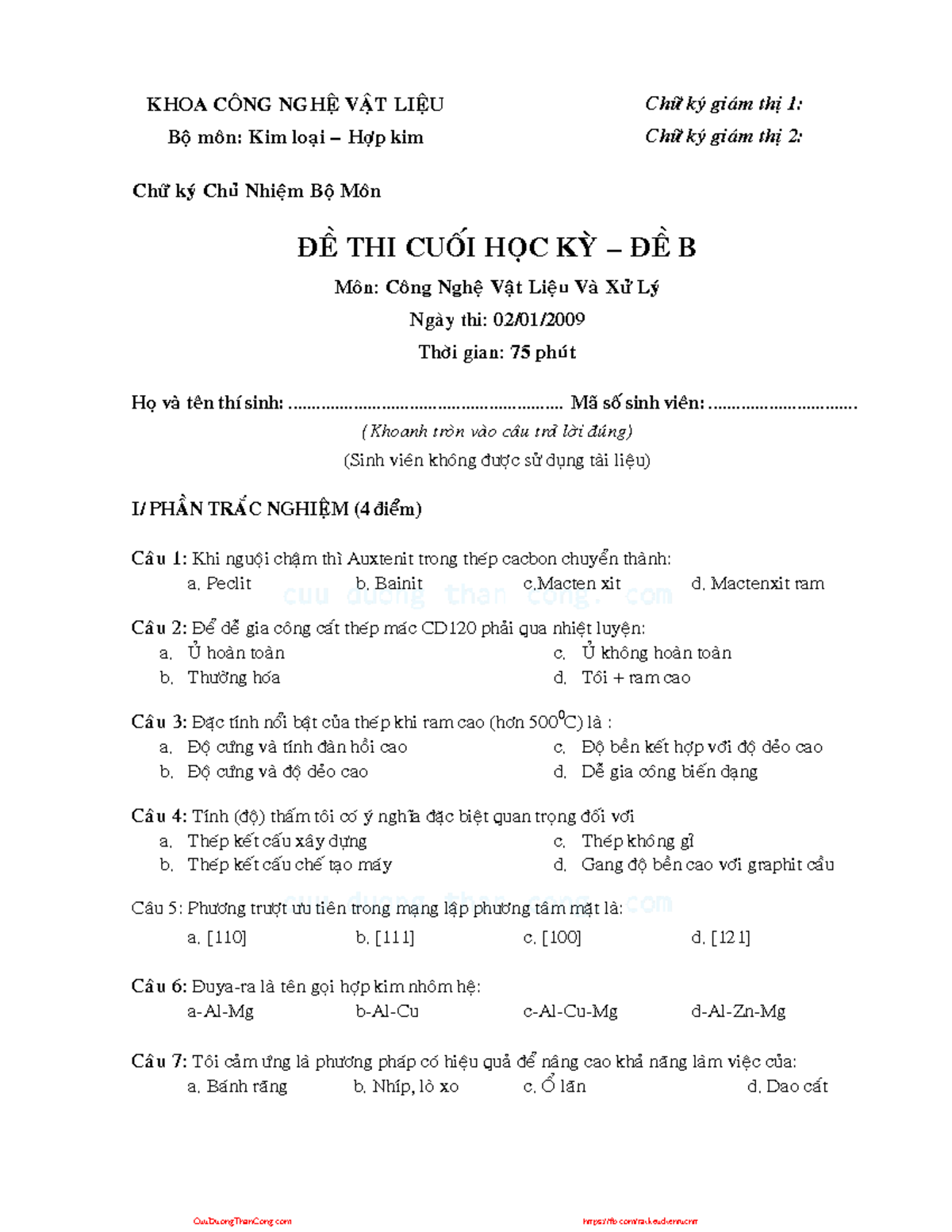 Vat-lieu-hoc-va-xu-li de-thi-cuoi-hoc-ky-de-b - [cuuduongthancong - KHOA CO¬NG NGHEƒ VAƒT LIEƒU ...