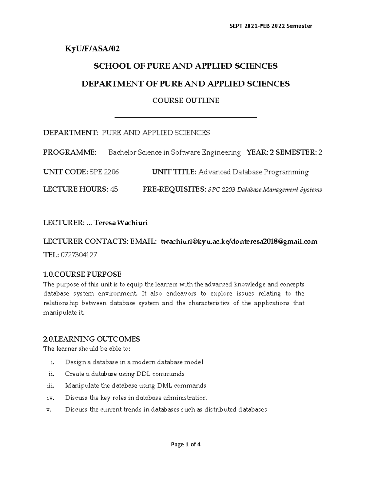 Course Outline SPE 2206 Advanced DB Programming - KyU/F/ASA/ SCHOOL OF ...