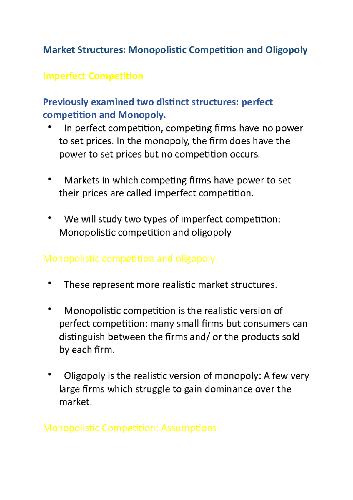 Intro to Economics - Week 7 Notes - Market Structures: Monopolistic ...