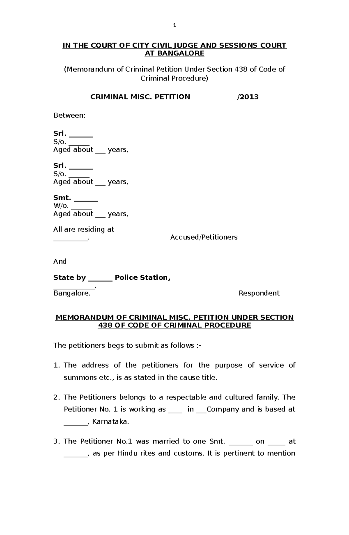 Crl. Mis. Anticipatory Bail Petition - IN THE COURT OF CITY CIVIL JUDGE ...