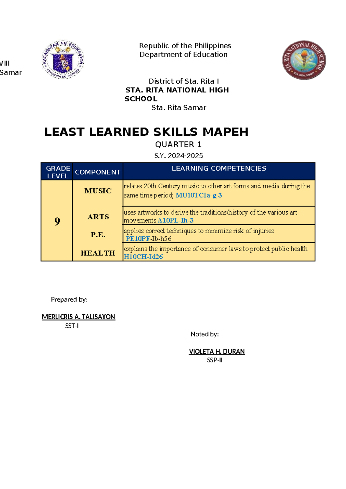 Mapeh 9 LLS - notes - Republic of the Philippines Department of ...