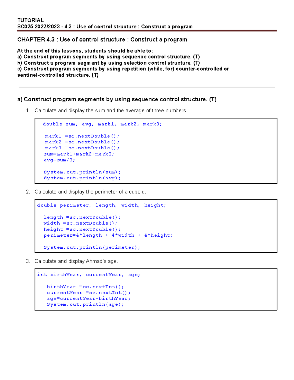 Chapter 4.3 USE OF Control Structure Answer (ADA A, B, C) - SC025 2022/ ...