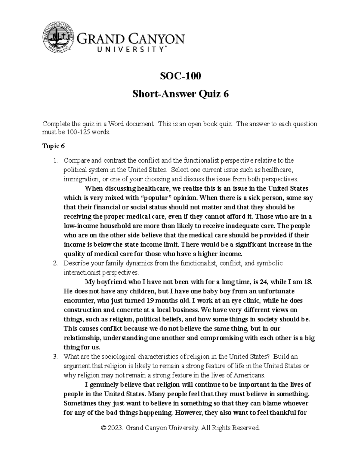 Week 6 Quiz Soc-100 - here is an assignment from sociology - SOC- Short ...