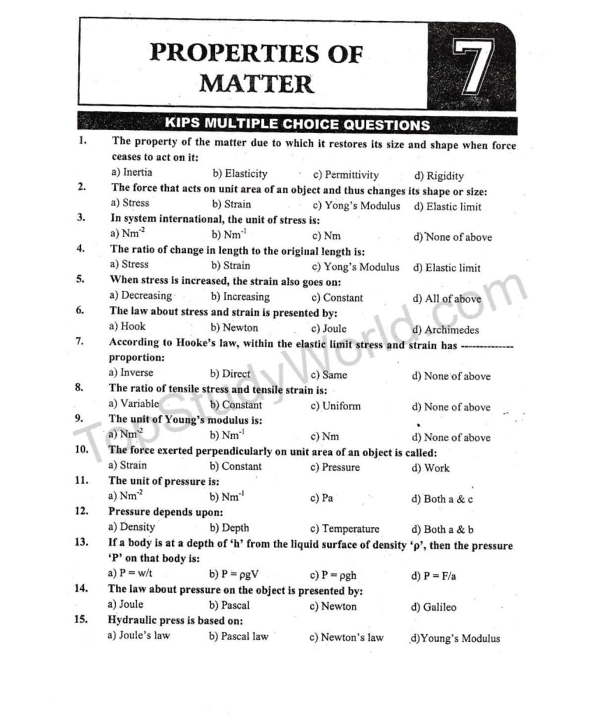 Chapter 7 Properties of Matter - PROPERTIES OF MATTER 7 KIPS MULTIPLE ...