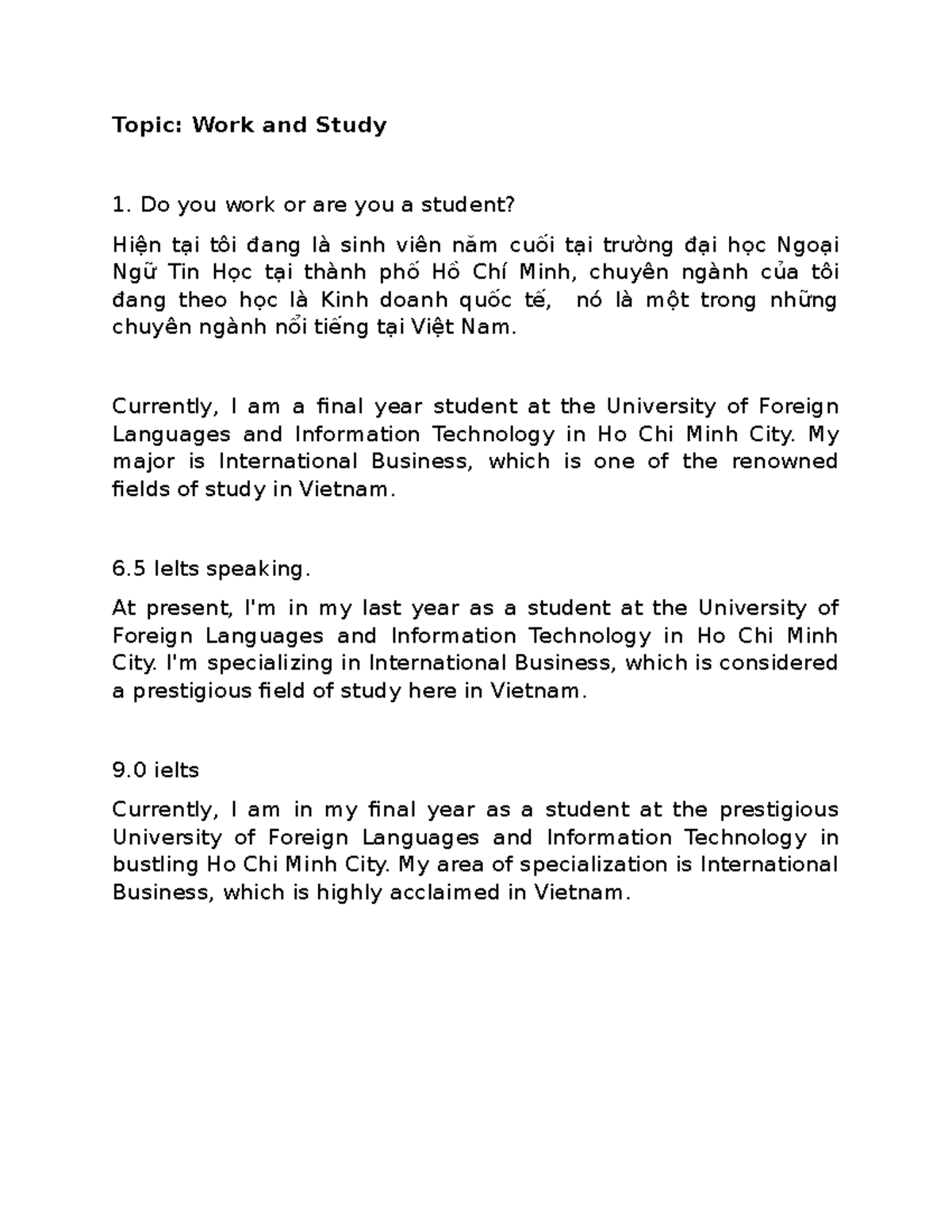 Topic - Work&study - Topic: Work and Study Do you work or are you a ...