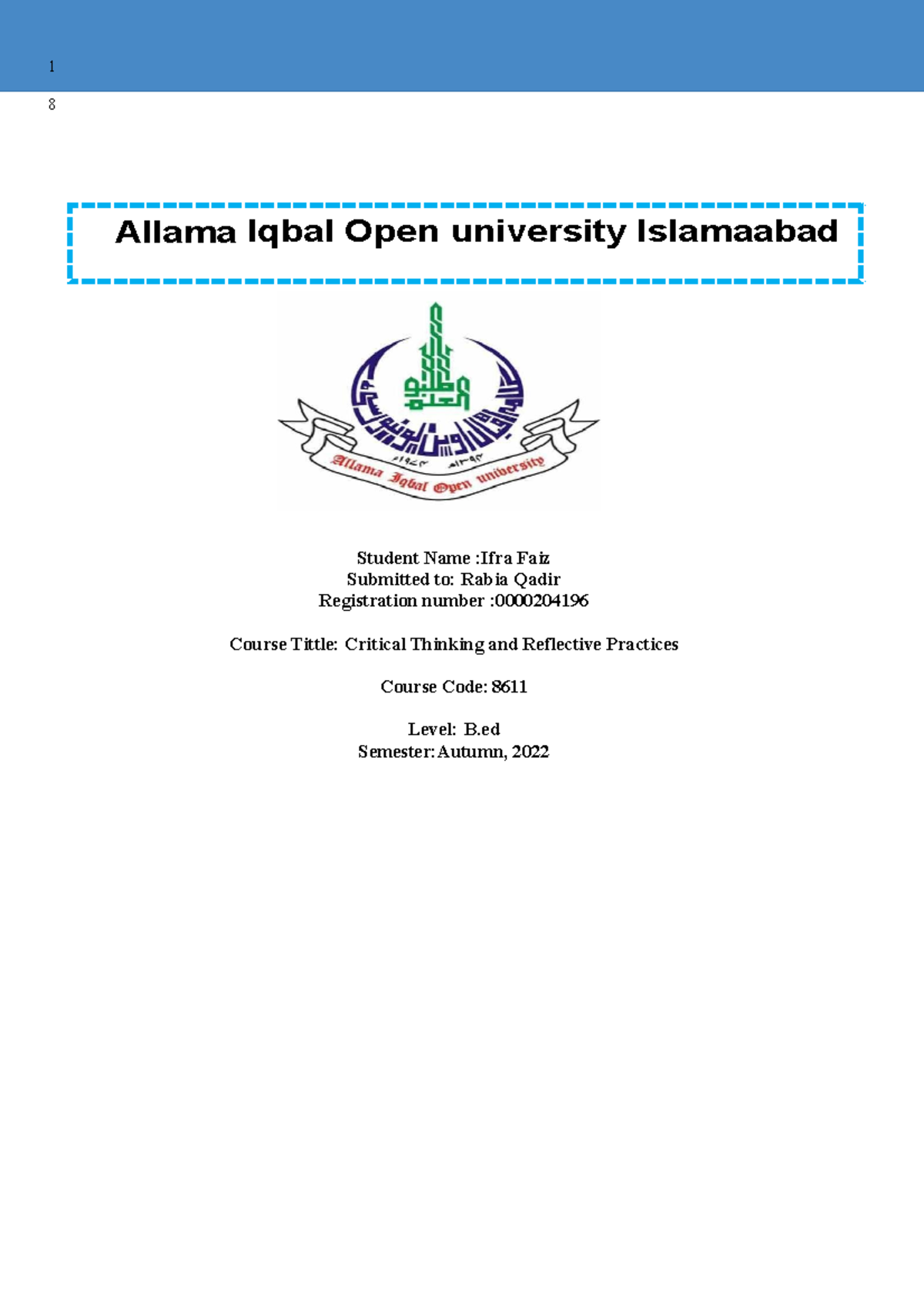 8611 2 Ifra Assignment 8 Allama Iqbal Open University Islamaabad