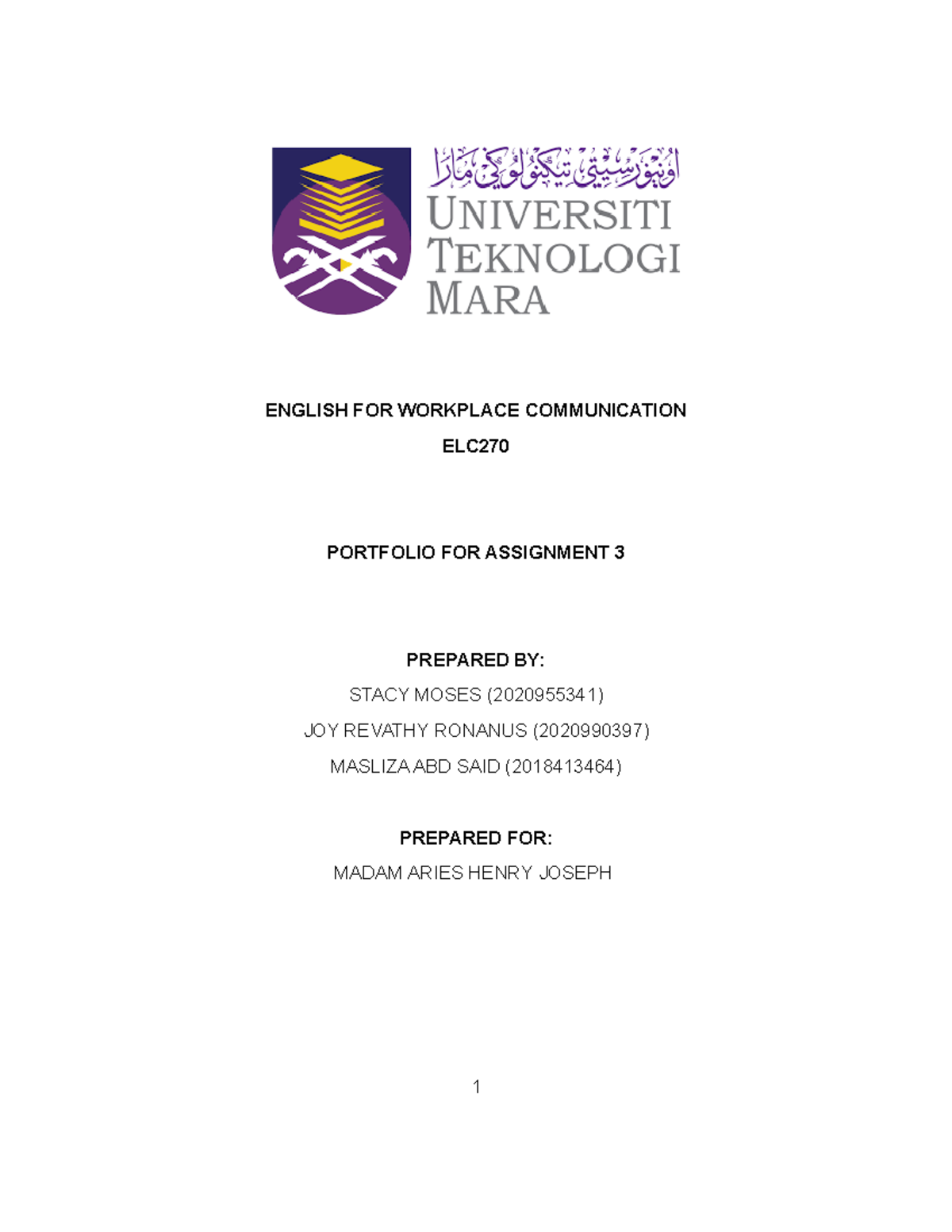 ELC270 Portfolio (latest) - ENGLISH FOR WORKPLACE COMMUNICATION ELC ...