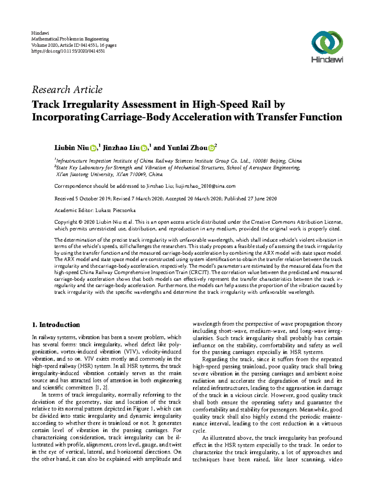 Track Irregularity Assessment Research Article Track Irregularity