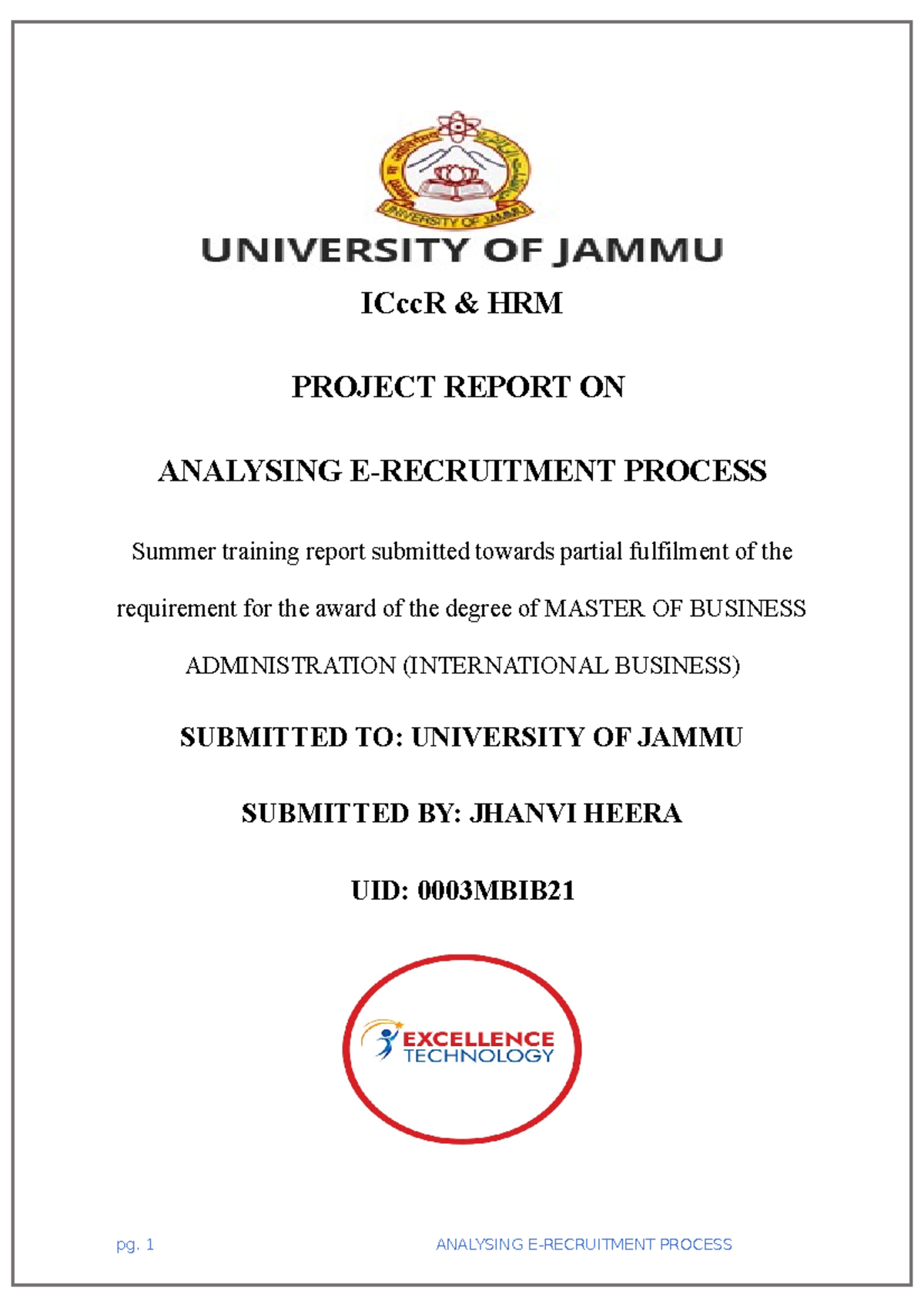 Jhanvi Project Report MBA - ICccR & HRM PROJECT REPORT ON ANALYSING E ...