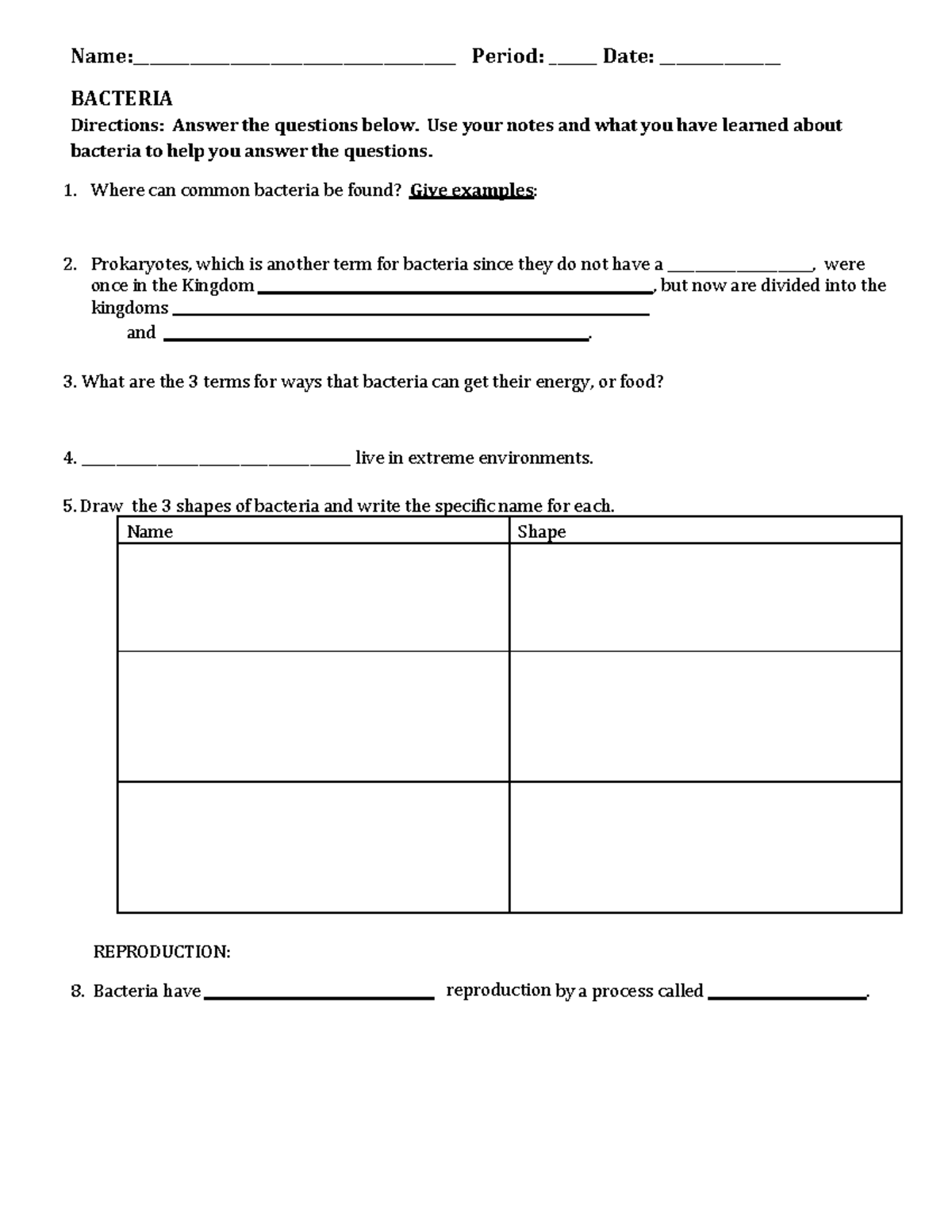 Bacteria extension worksheet - Name ...