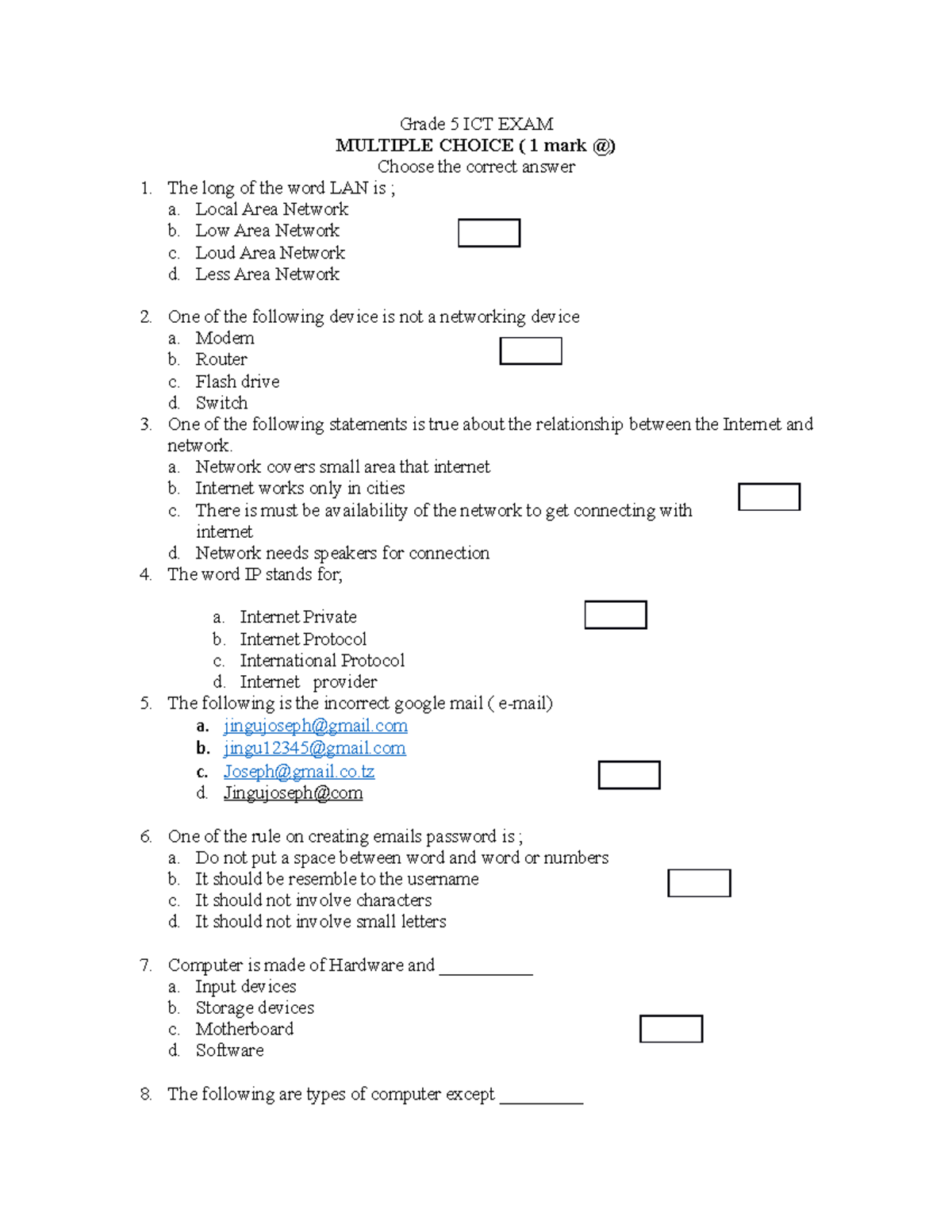 Grade 5 ICT EXAM 2022 - JINGU - Grade 5 ICT EXAM MULTIPLE CHOICE ( 1 ...