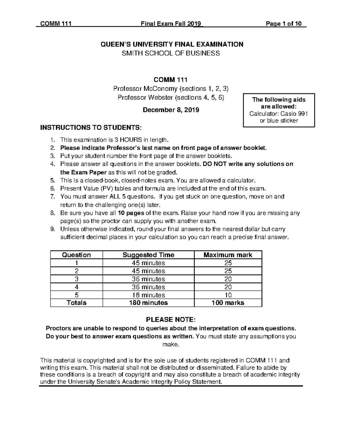2019 COMM 111 Final Exam - QUEEN’S UNIVERSITY FINAL EXAMINATION SMITH ...
