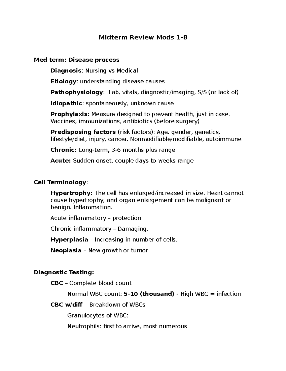Midterm Review Mods 1-8 - Midterm Review Mods 1- Med term: Disease ...