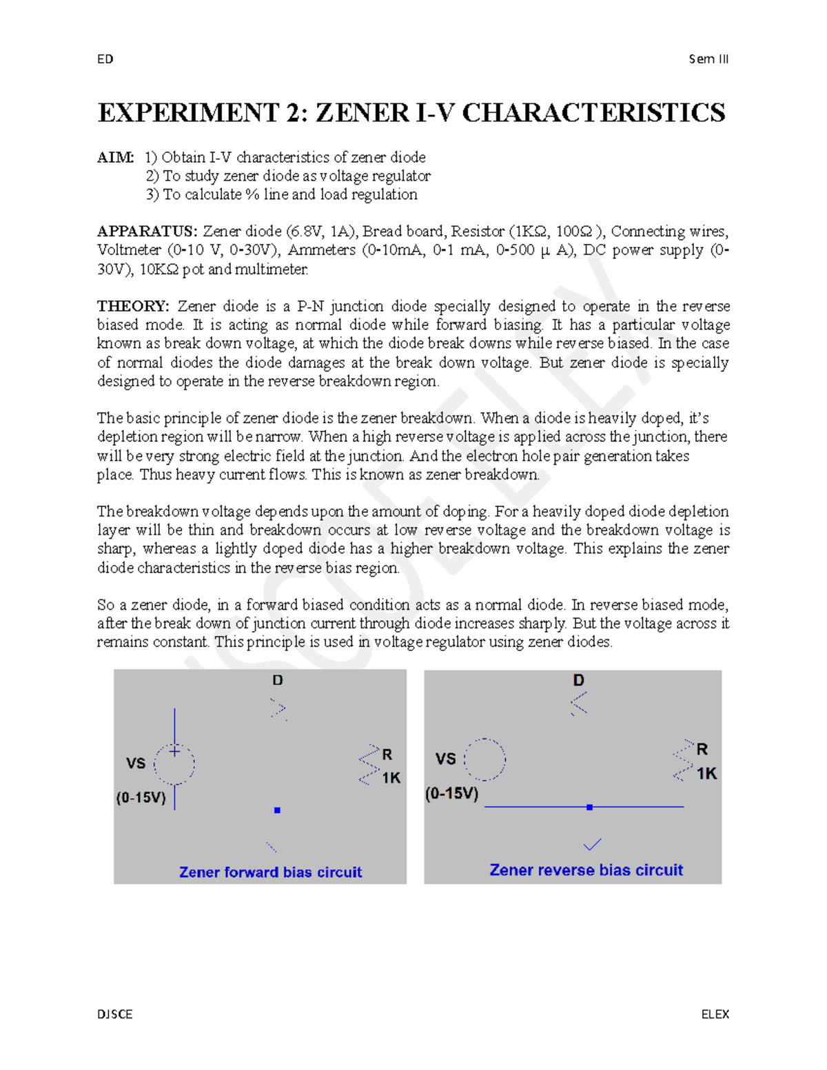 Ed expt 02 - ED Sem III DJSCE ELEX EXPERIMENT 2: ZENER I-V CHARACTERISTICS AIM: 1) Obtain I-V ...
