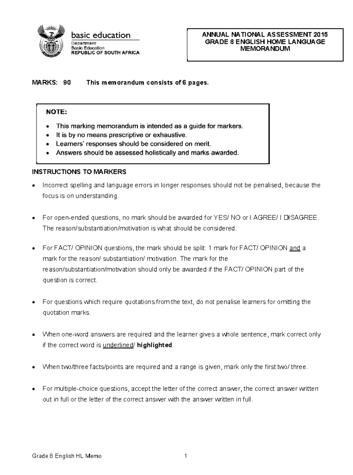 2015 Grade 8 English HL Memo - MARKS: 90 This memorandum consists of 6 ...