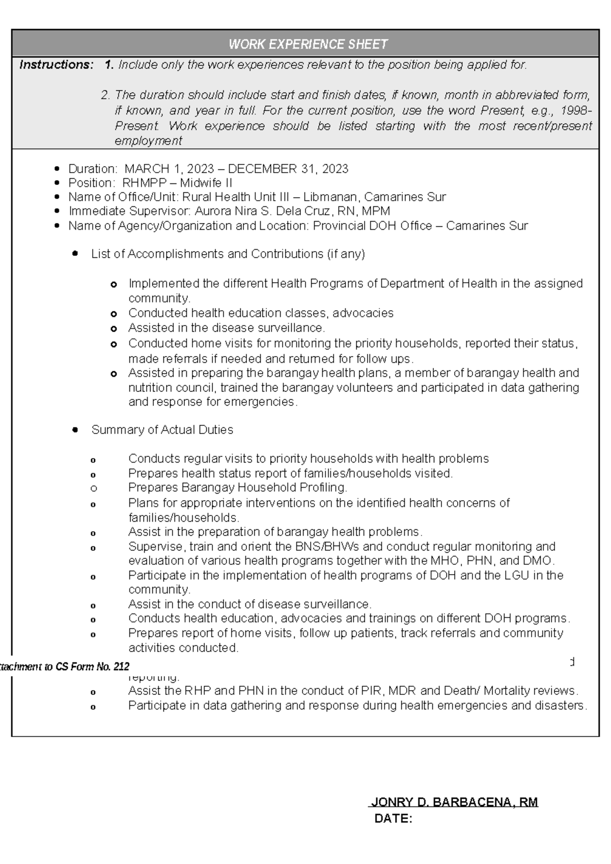 Work experience Sheet Jonry 1 - WORK EXPERIENCE SHEET Instructions: 1 ...
