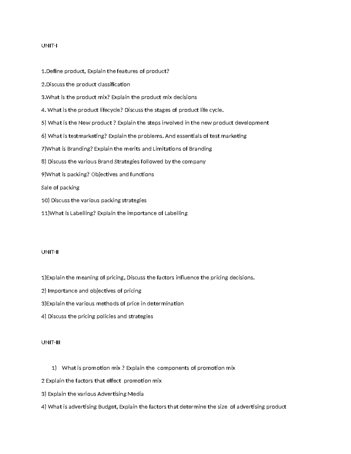 Marketing mngmt imp - Important ques - UNIT-I 1 product, Explain the features of product? 2 the ...