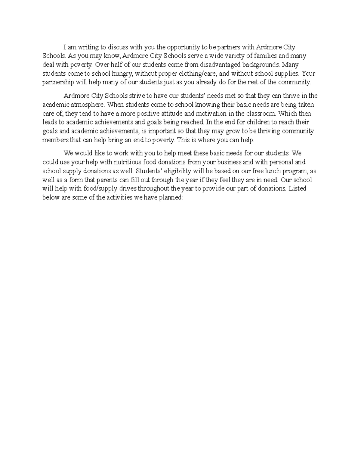 Community partnership - I am writing to discuss with you the ...