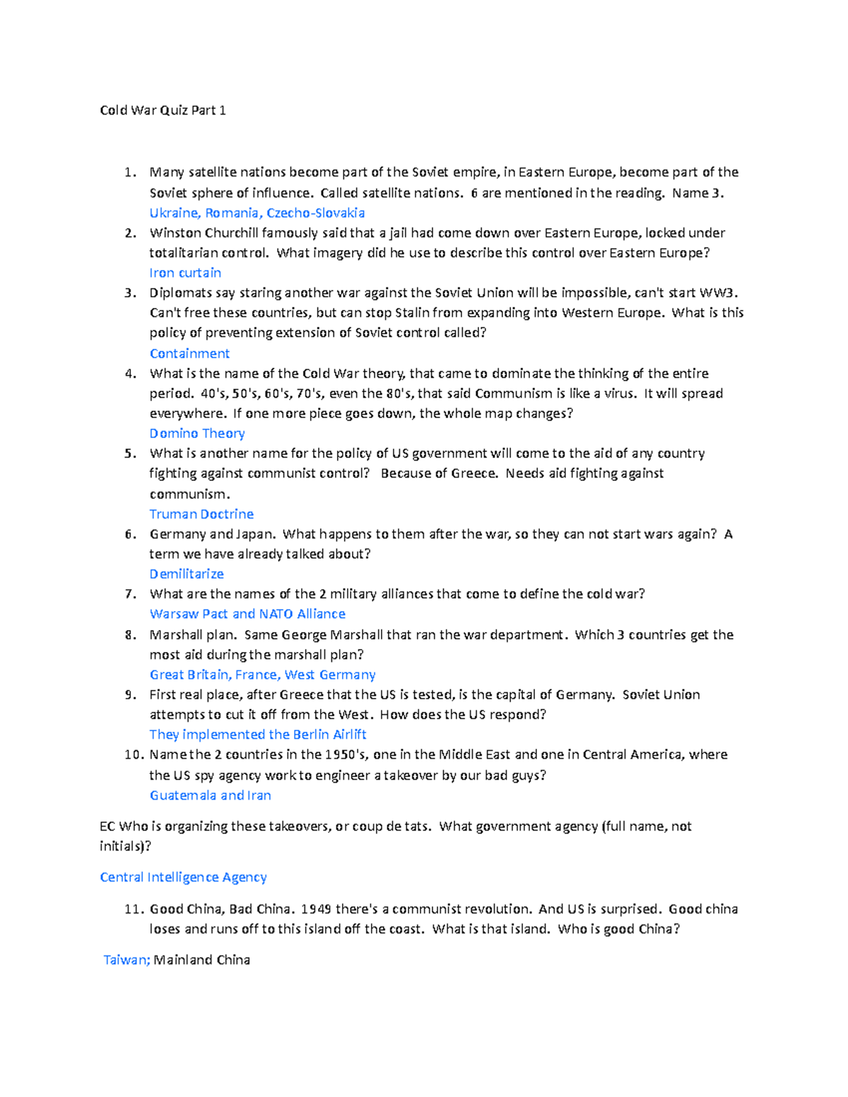 Cold War Quiz Part 1 No answers - Cold War Quiz Part 1 1. Many ...