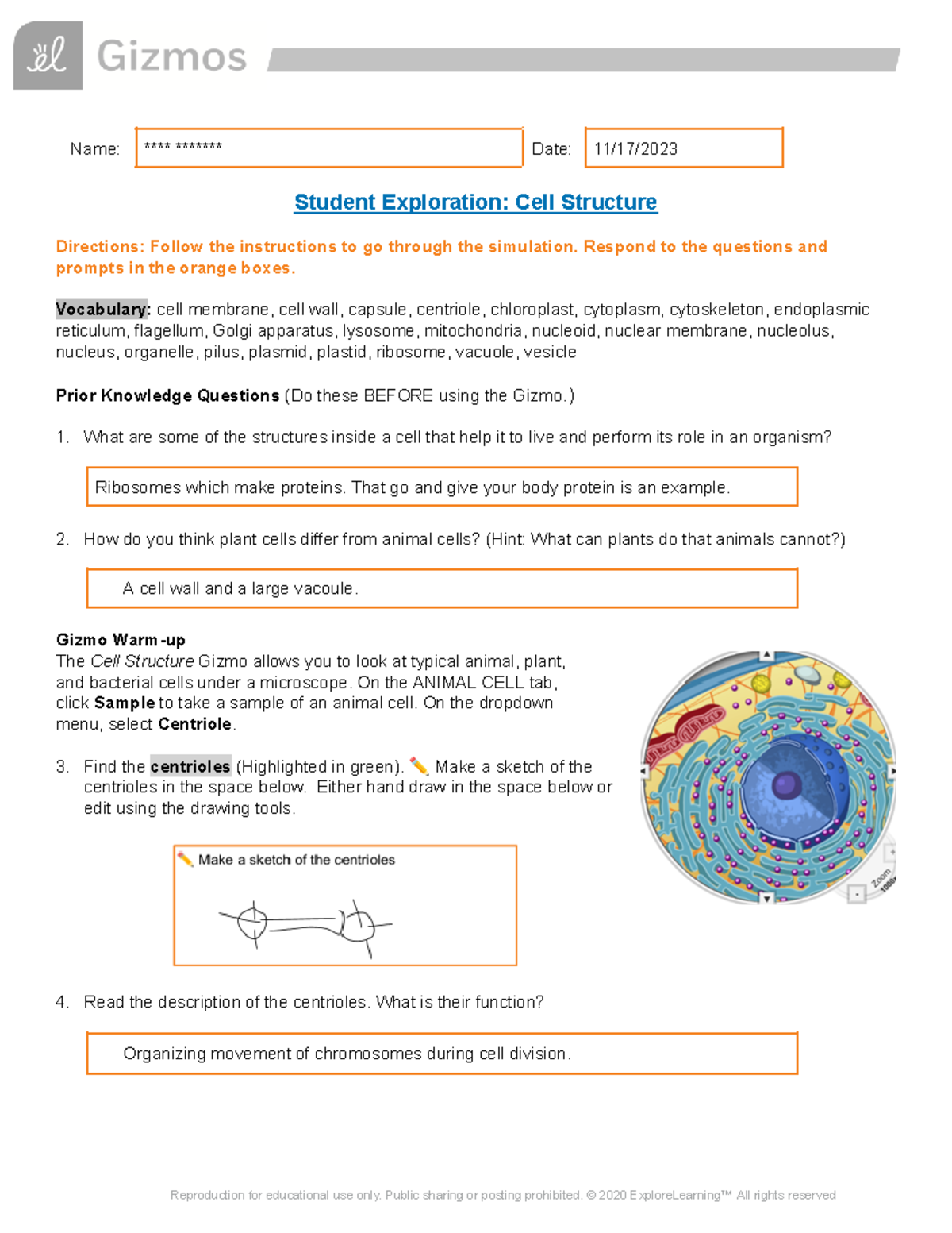 Copy of Cell Structure SE - Name: **** ******* Date: 11/17/ Student ...