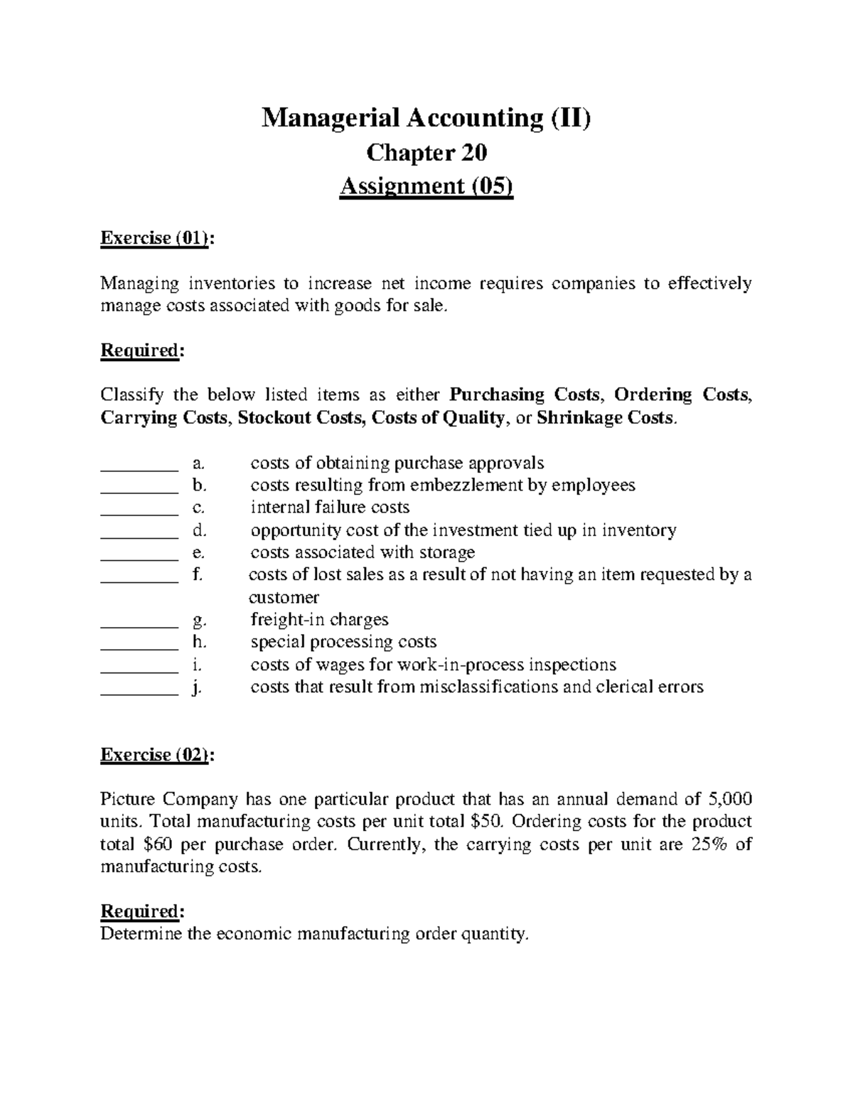Assignment (05) - Mangrial accounting - Managerial Accounting (II) Chapter 20 Assignment (05 ...