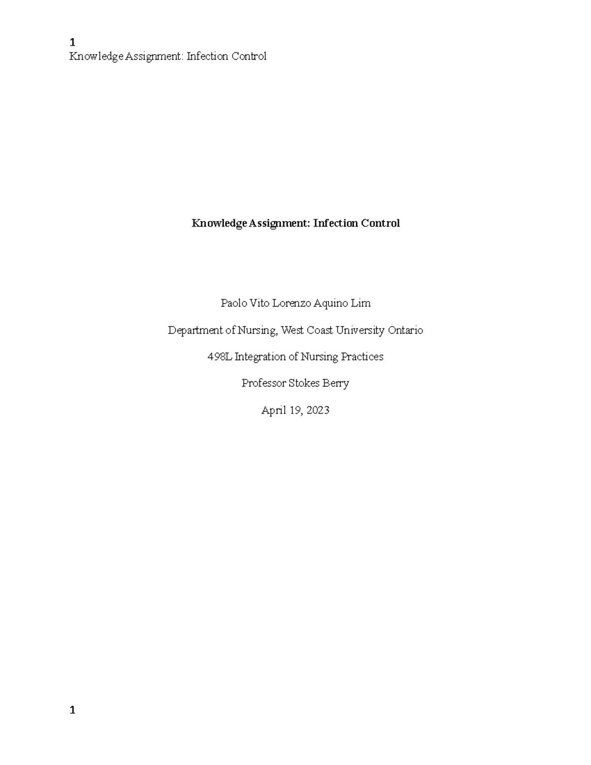 Knowledge assignment 3 - Knowledge Assignment: Infection Control Knowledge Assignment: Infection ...