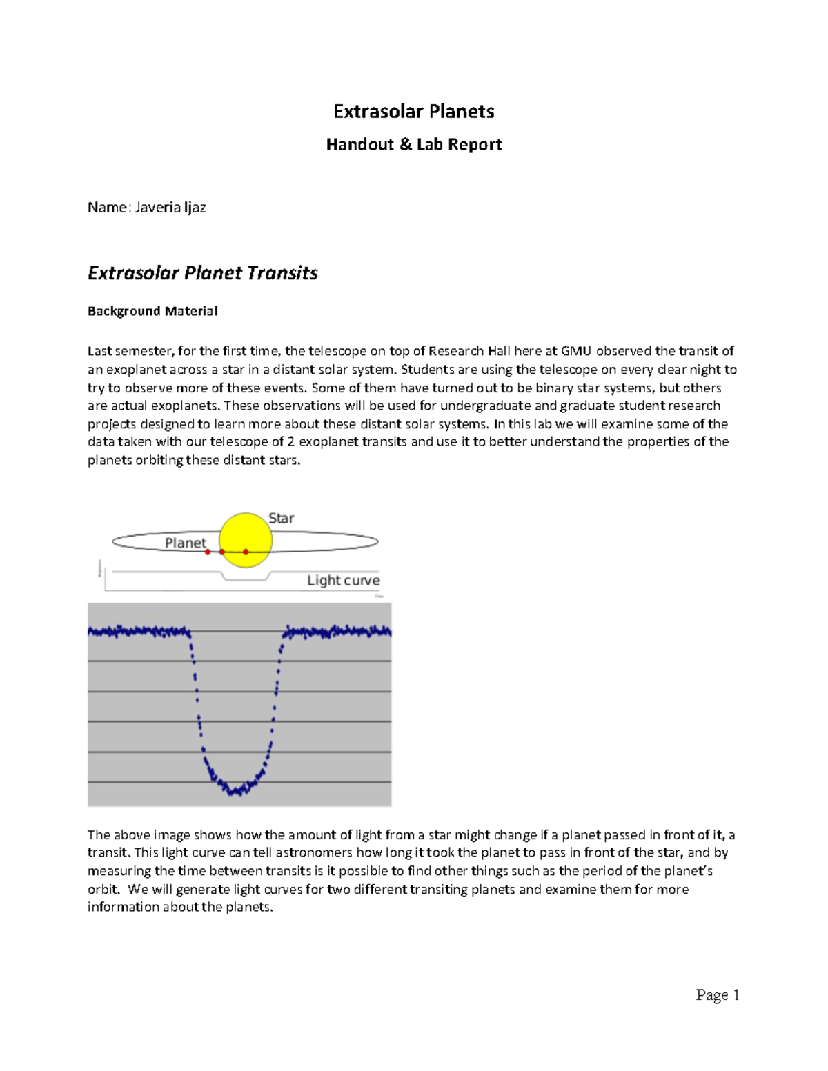 Exoplanet LAB - Extrasolar Planets Handout Lab Report Name: Javeria ...