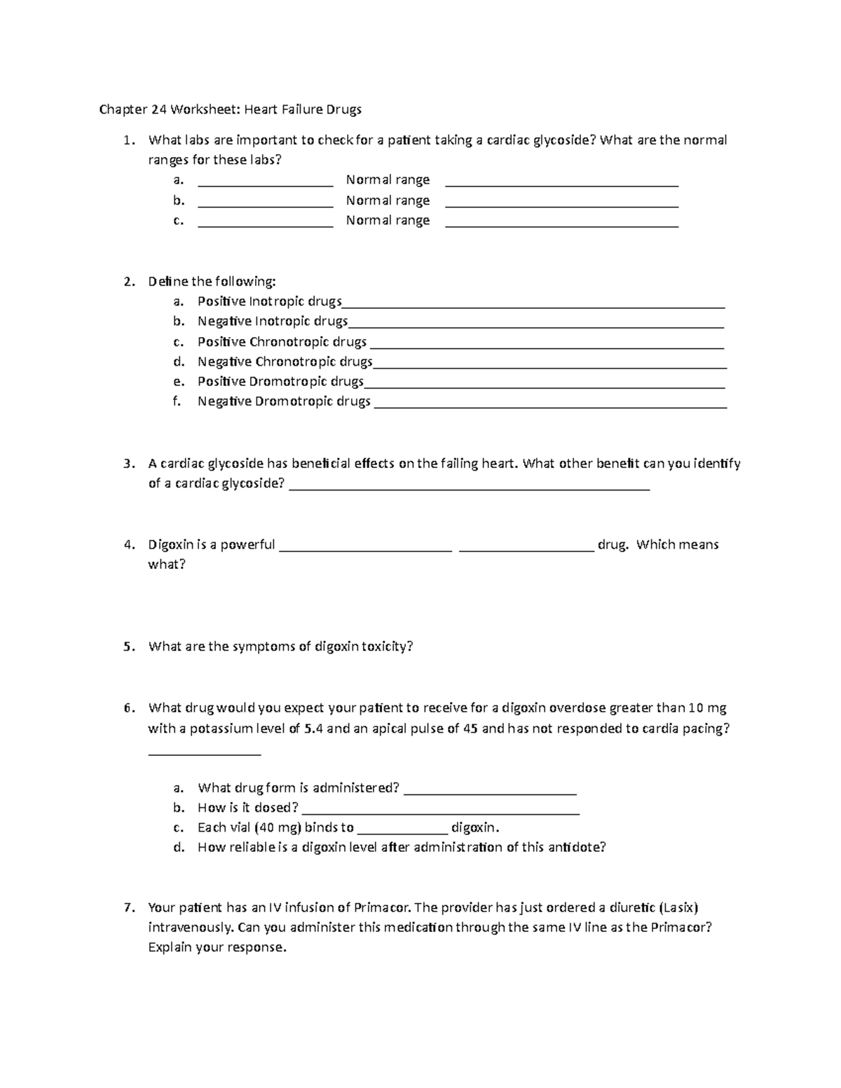 Chapter 24 Worksheet - Chapter 24 Worksheet: Heart Failure Drugs What ...
