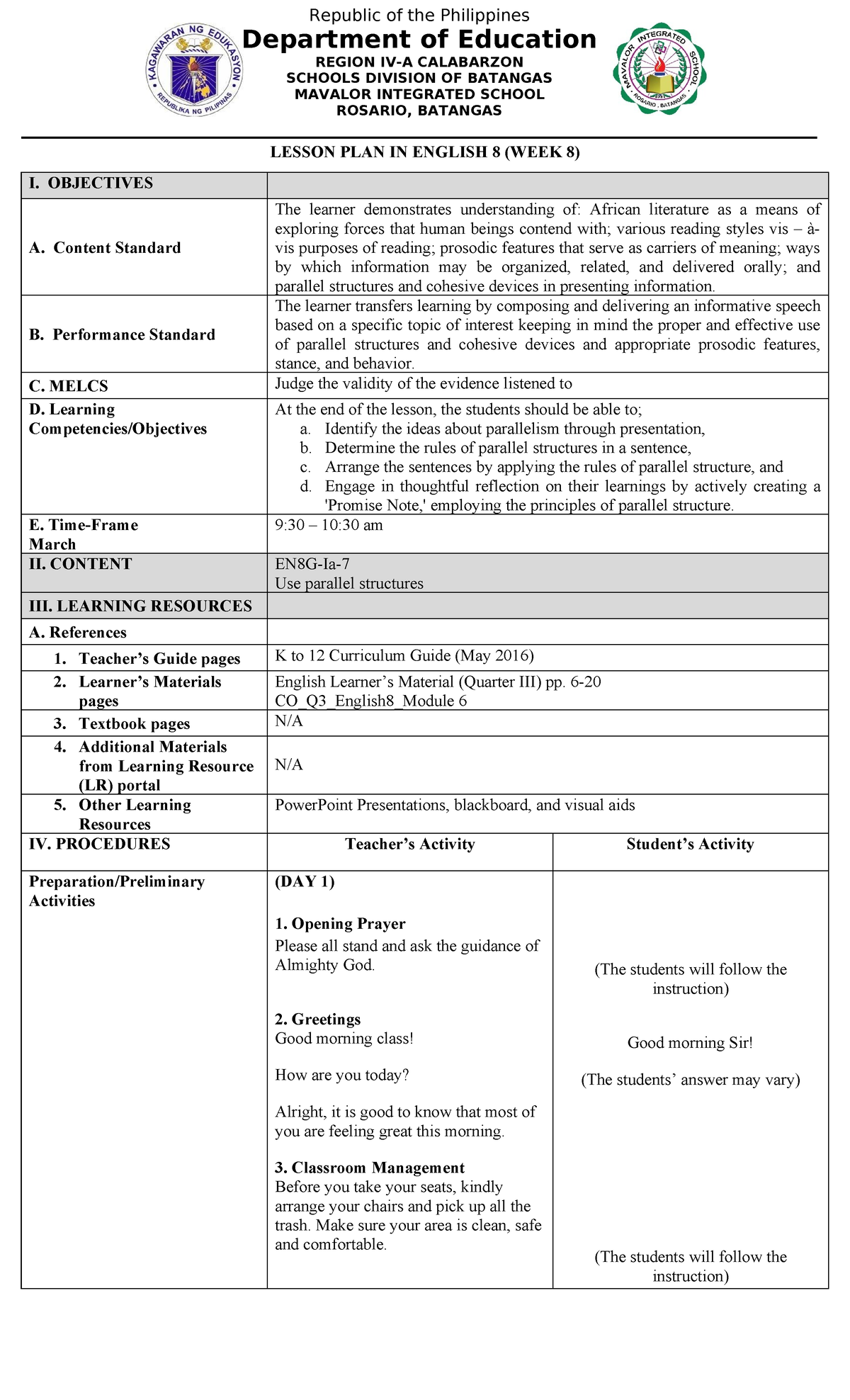 Parallelism - This lesson plan helps to the english major - Department ...