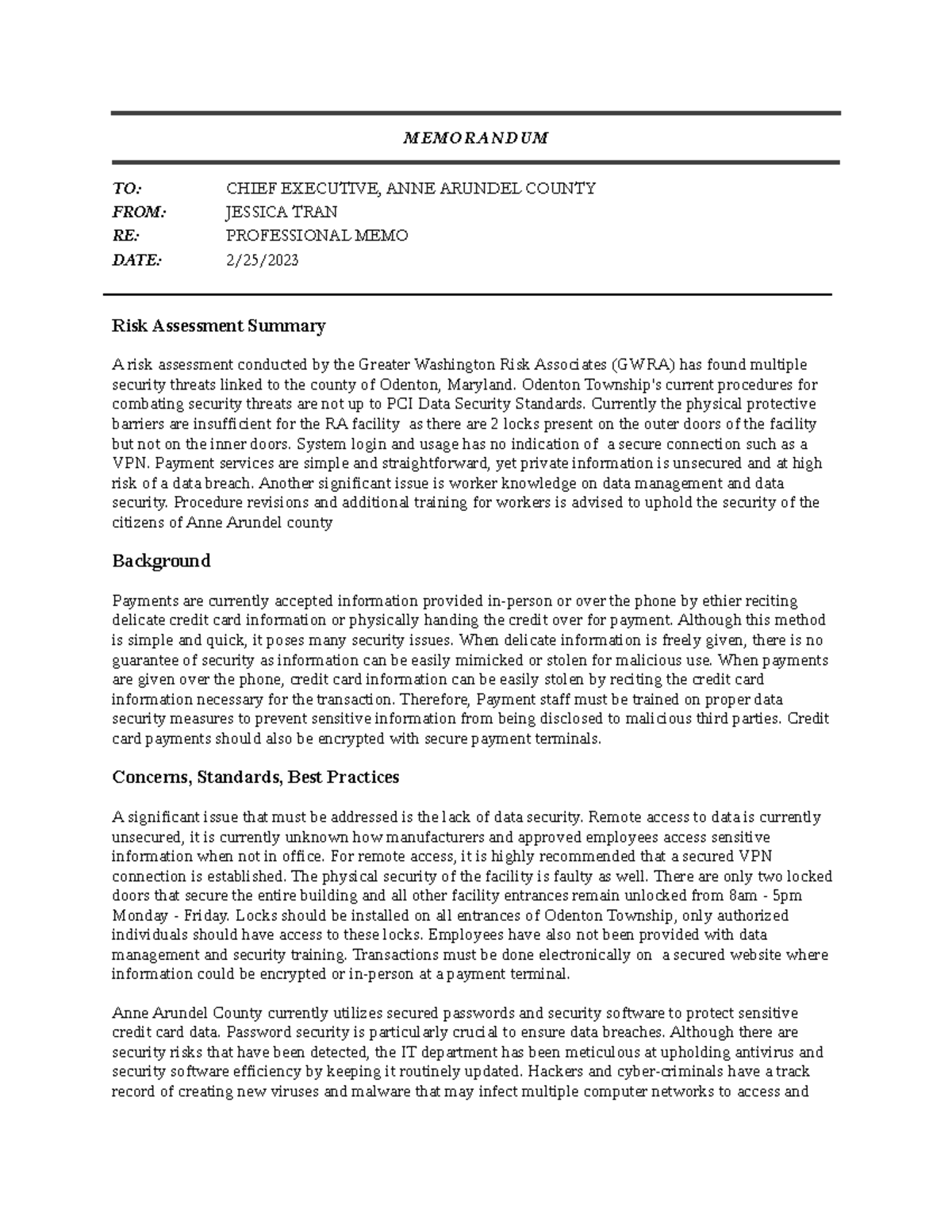 IFSM201 Professional Memo - MEMORANDUM TO: CHIEF EXECUTIVE, ANNE ...