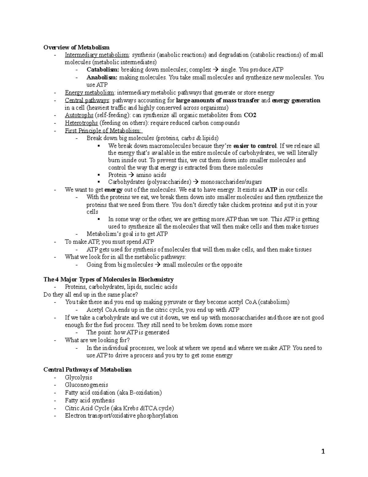 Metabolism study guide - Overview of Metabolism - Intermediary ...