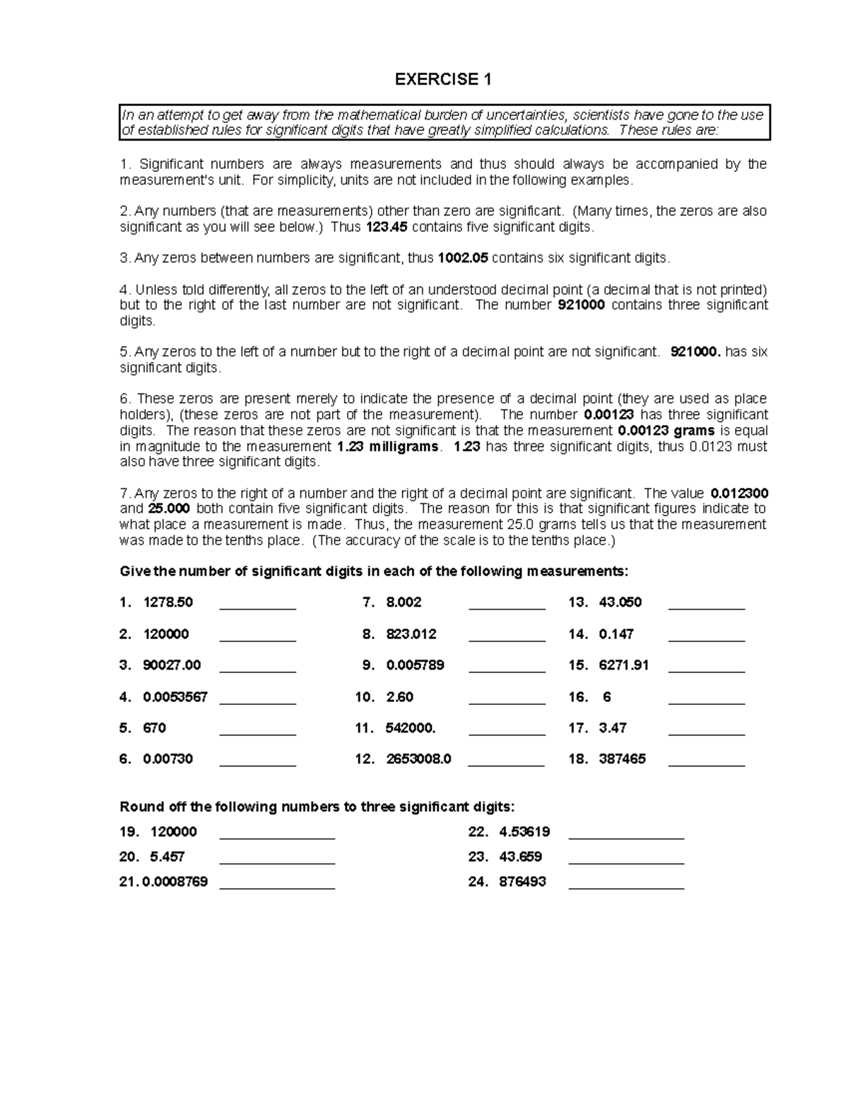 Exercise 1 Significant Figures - EXERCISE 1 Significant numbers are ...