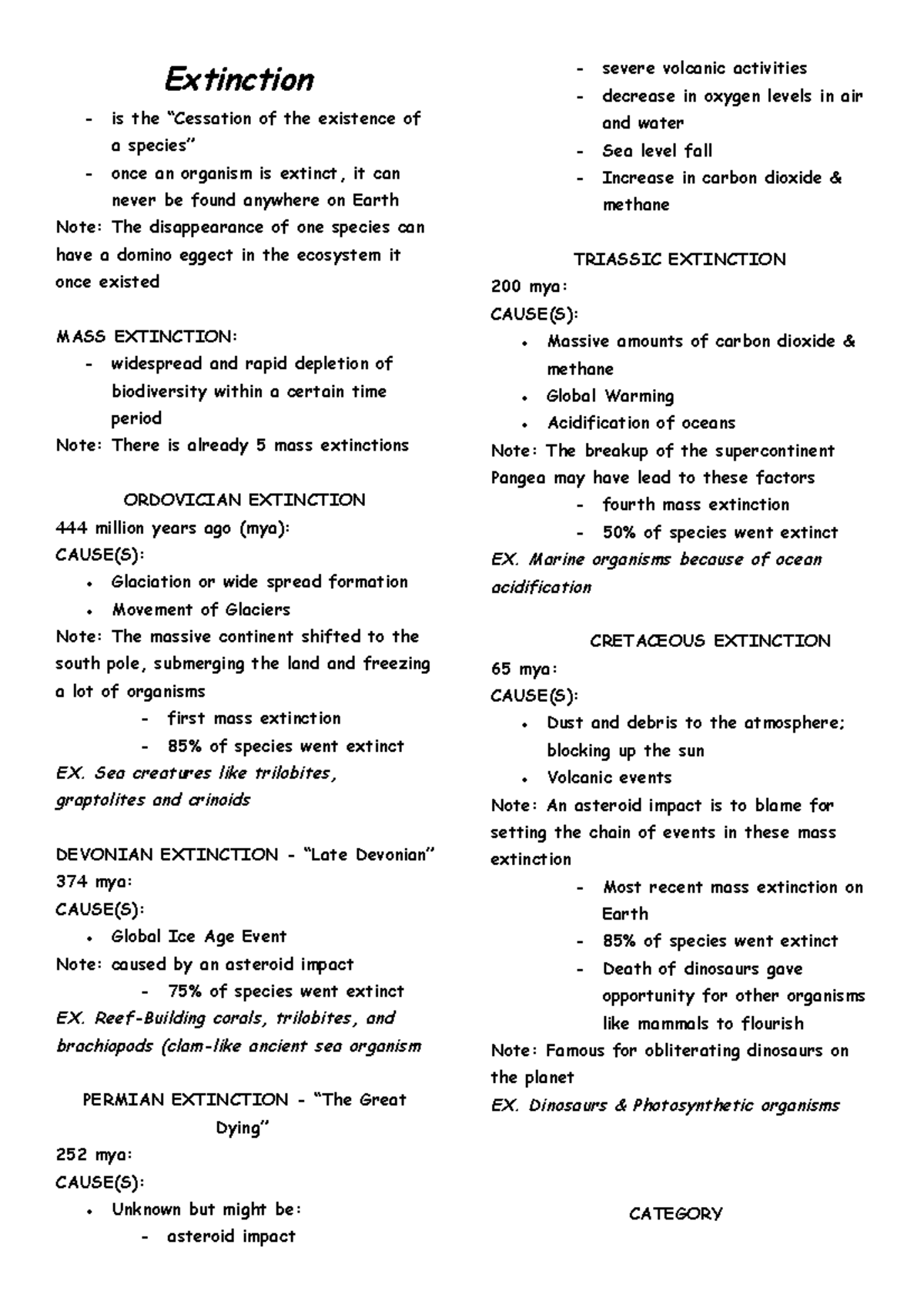 Extinction - class notes in sci - Extinction is the “Cessation of the ...