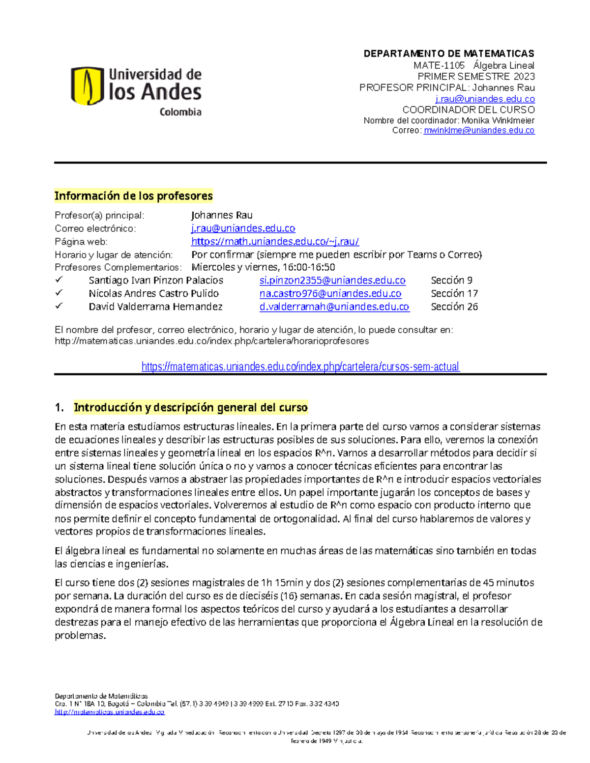 Algebra lineal - programa - MATE-1105 Álgebra Lineal PRIMER SEMESTRE ...