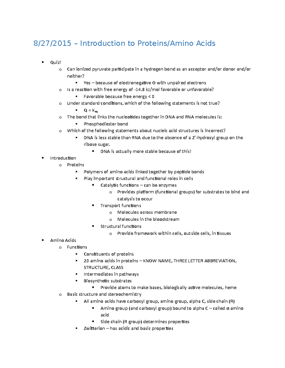 Intro to Proteins/Amino Acids - 8/27/2015 – Introduction to Proteins ...
