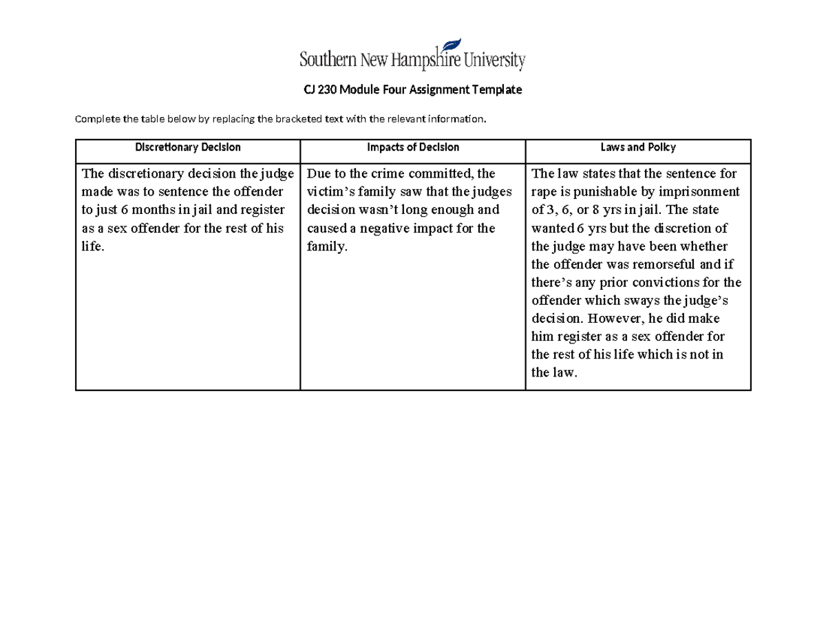 CJ 230 Module Four Assignment - Discretionary Decision Impacts of ...