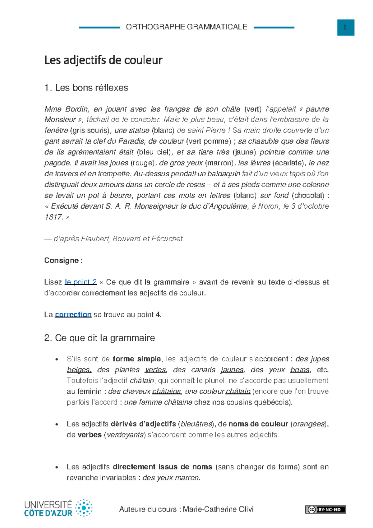 Les Adjectifs De Couleur - ORTHOGRAPHE GRAMMATICALE Auteure du cours ...