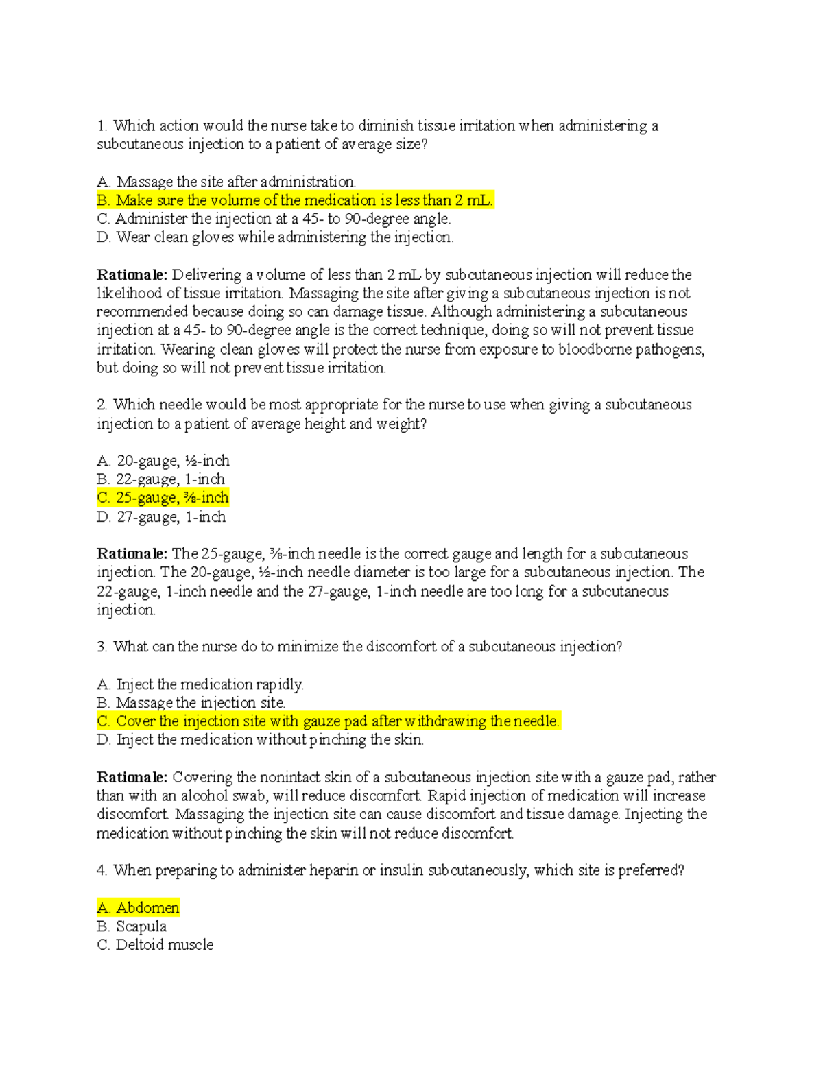 Adminstering Subcutaneous injections quiz - NUR 3030 - Studocu