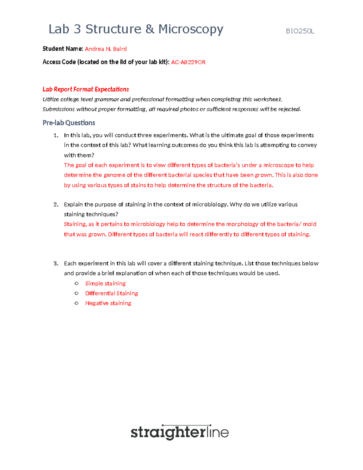 Lab 3 Worksheet - Lab work sheet - Student Name: Andrea N. Baird Access ...