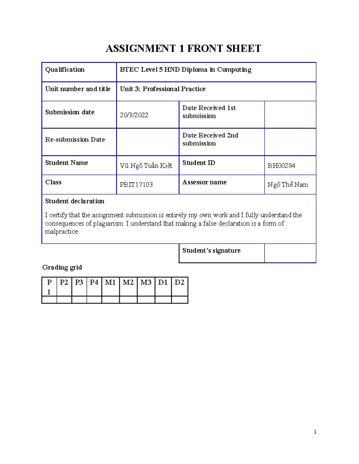 Asm1 Pdp Asm Professional Practice Assignment 1 Front Sheet Qualification Btec Level 5 Hnd