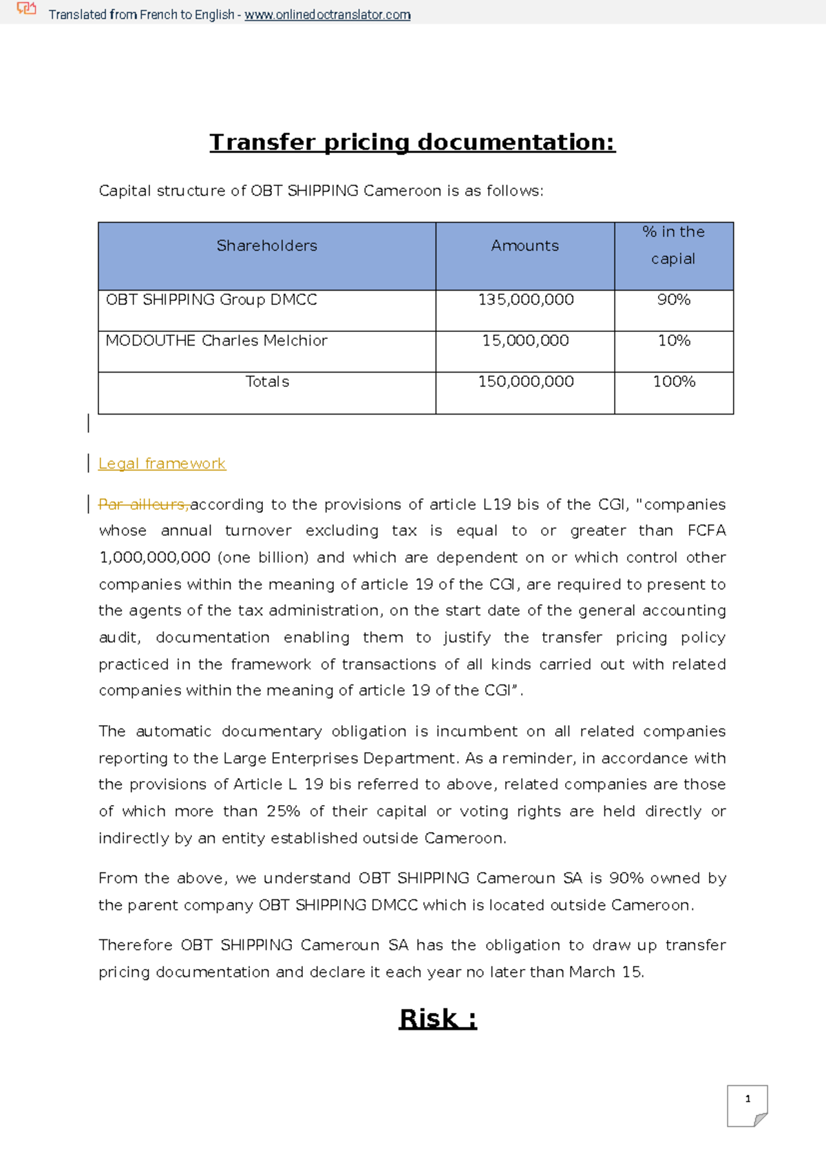 Structure du capital - 1 Transfer pricing documentation: Capital ...