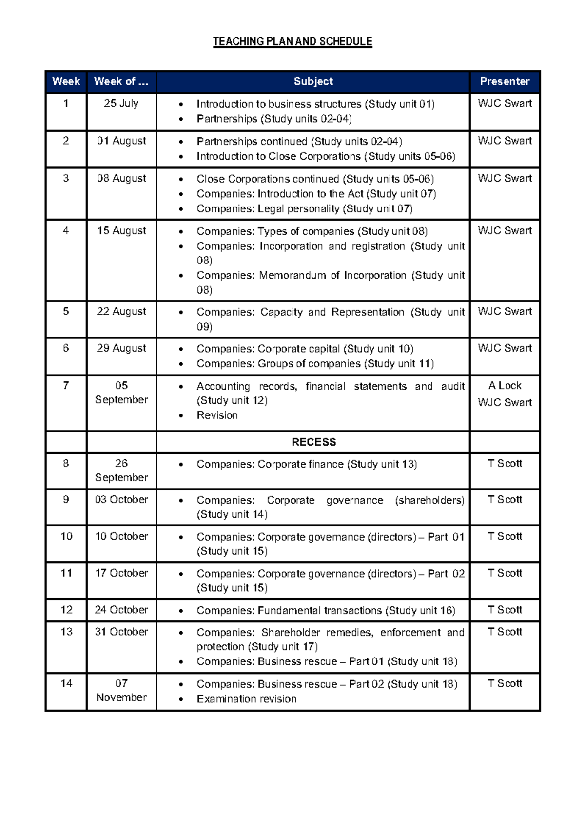 Teaching Plan 2022 - TEACHING PLAN AND SCHEDULE Week Week of & Subject ...
