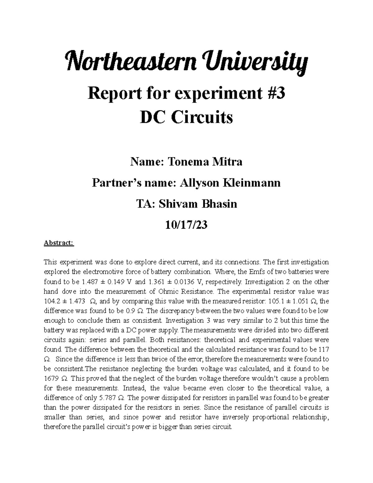 Physics II lab #3 - This is a lab report - Northeaster Universit Report ...