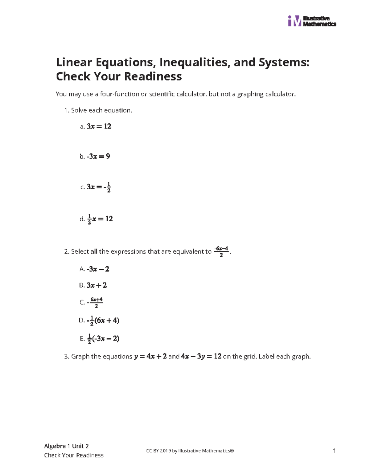Algebra 1 2 Check Your Readiness assessment - Linear Equations ...