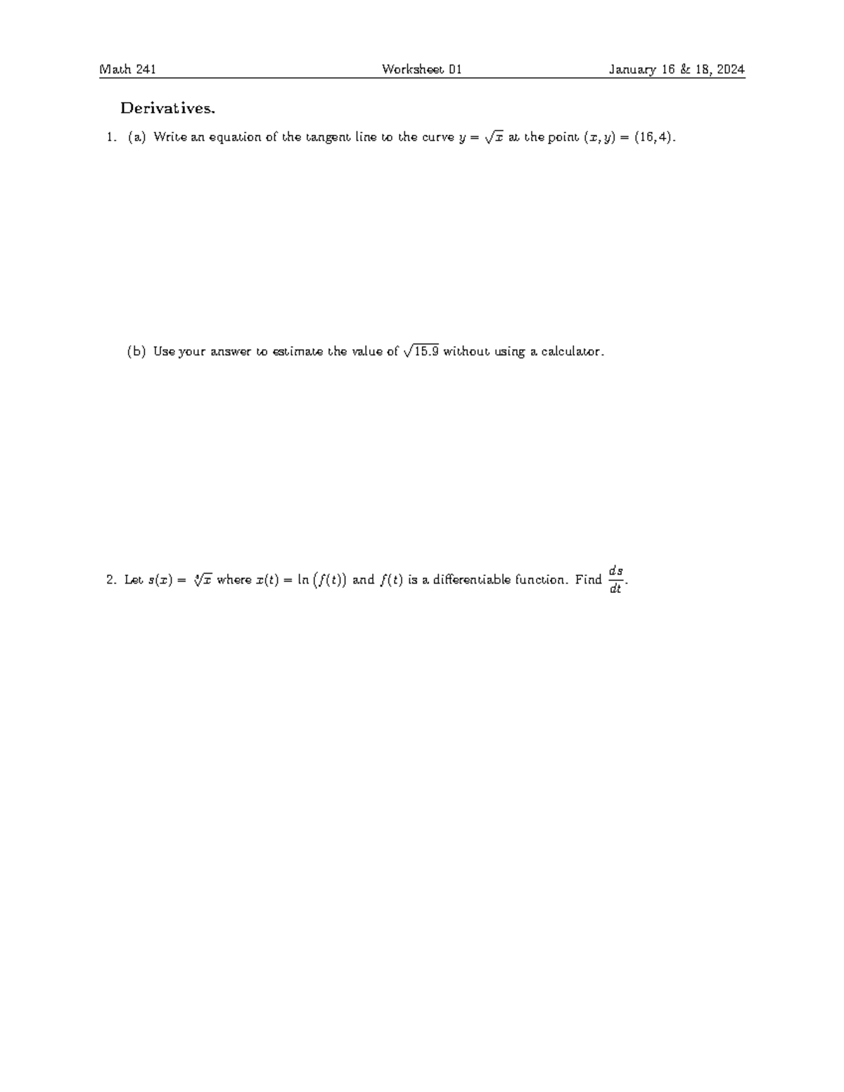 241 spring 24 WS week 1 - Worksheet - Math 241 Worksheet 01 January 16 ...
