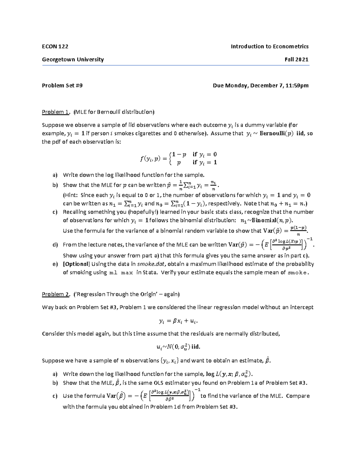 Homework 9 Fall semester - ECON 122 Introduction to Econometrics ...