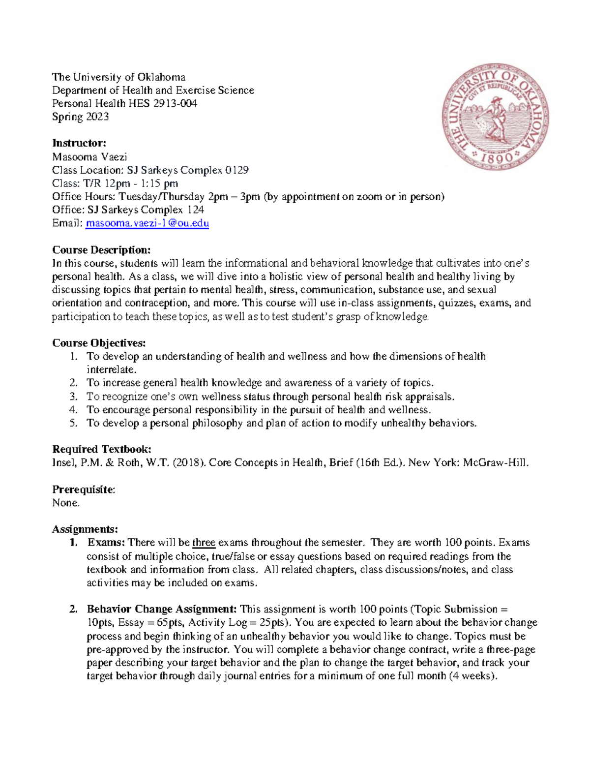 Personal Health Spring 2023 - Syllabus - The University of Oklahoma ...