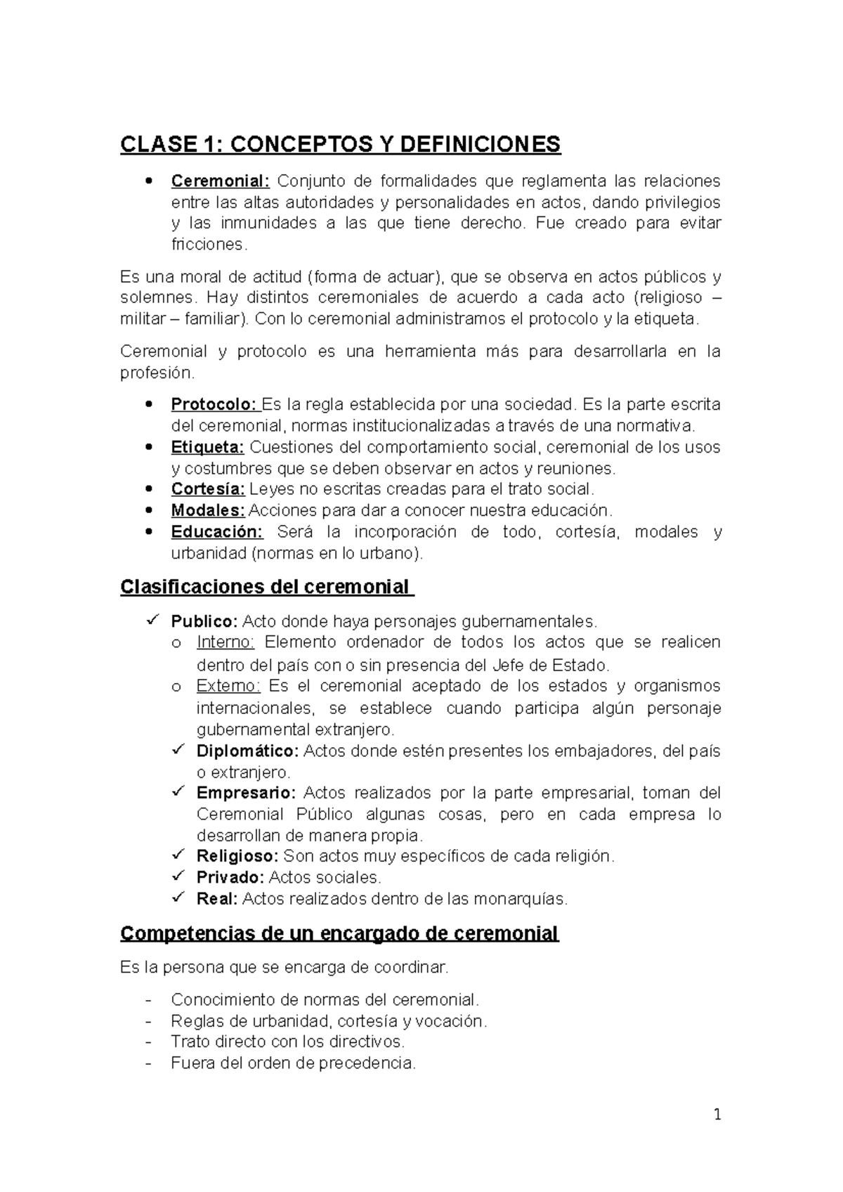 Primer Parcial Protocolo - CLASE 1: CONCEPTOS Y DEFINICIONES Ceremonial: Conjunto de ...